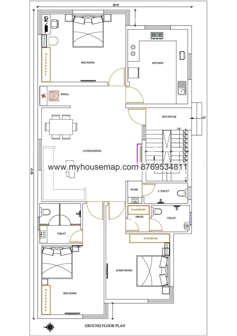 30×60 ft 3 bhk home plan - myhousemap.com