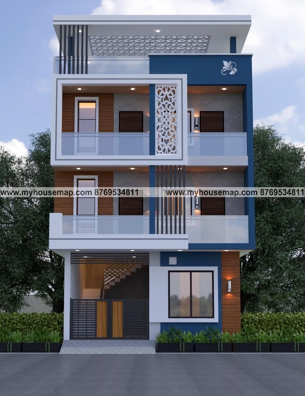 3 floor front home design - myhousemap.com